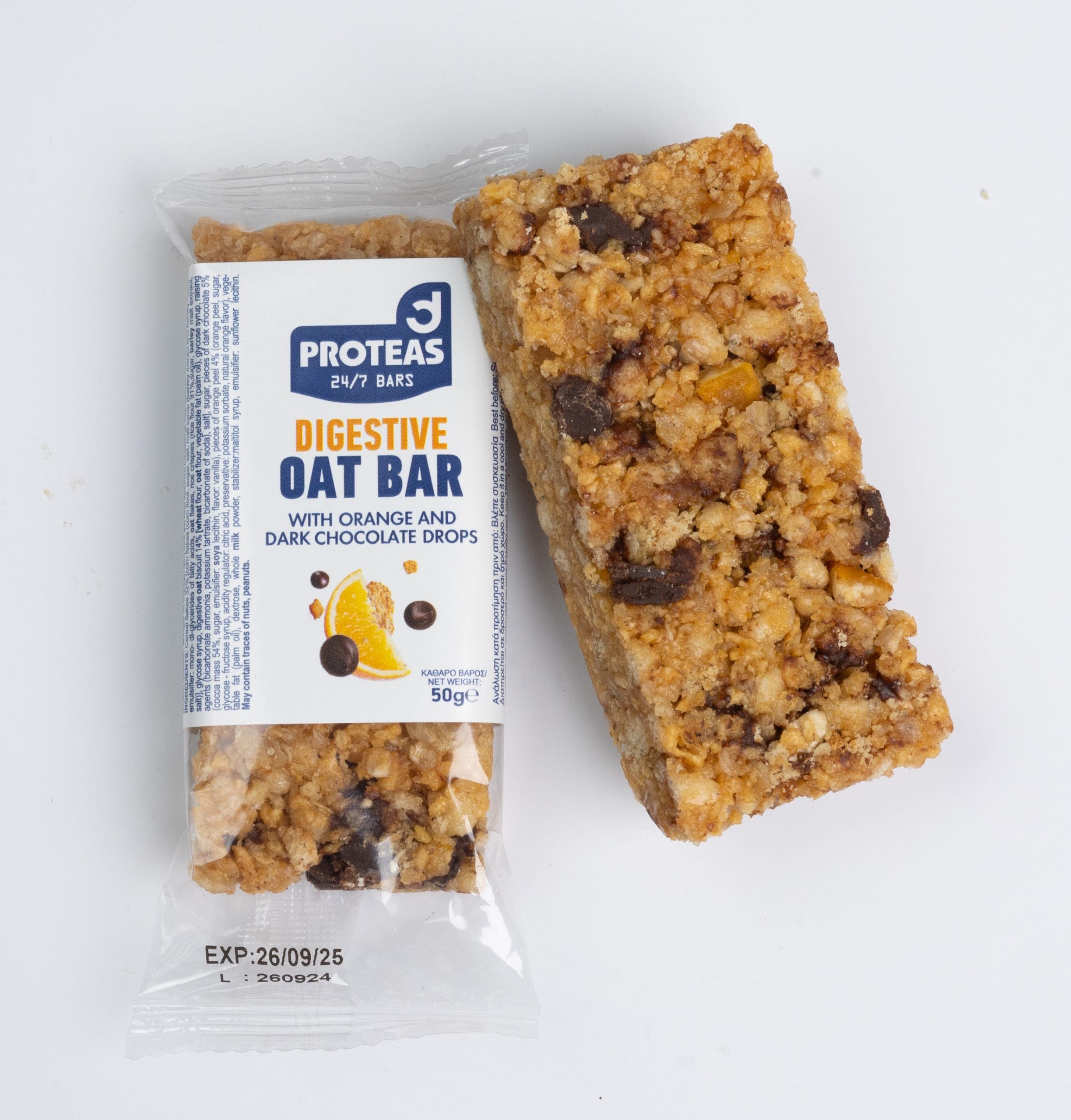 DIGESTIVE BAR βρώμης, πορτοκάλι, drops μαύρης σοκολάτας - Proteas Bars